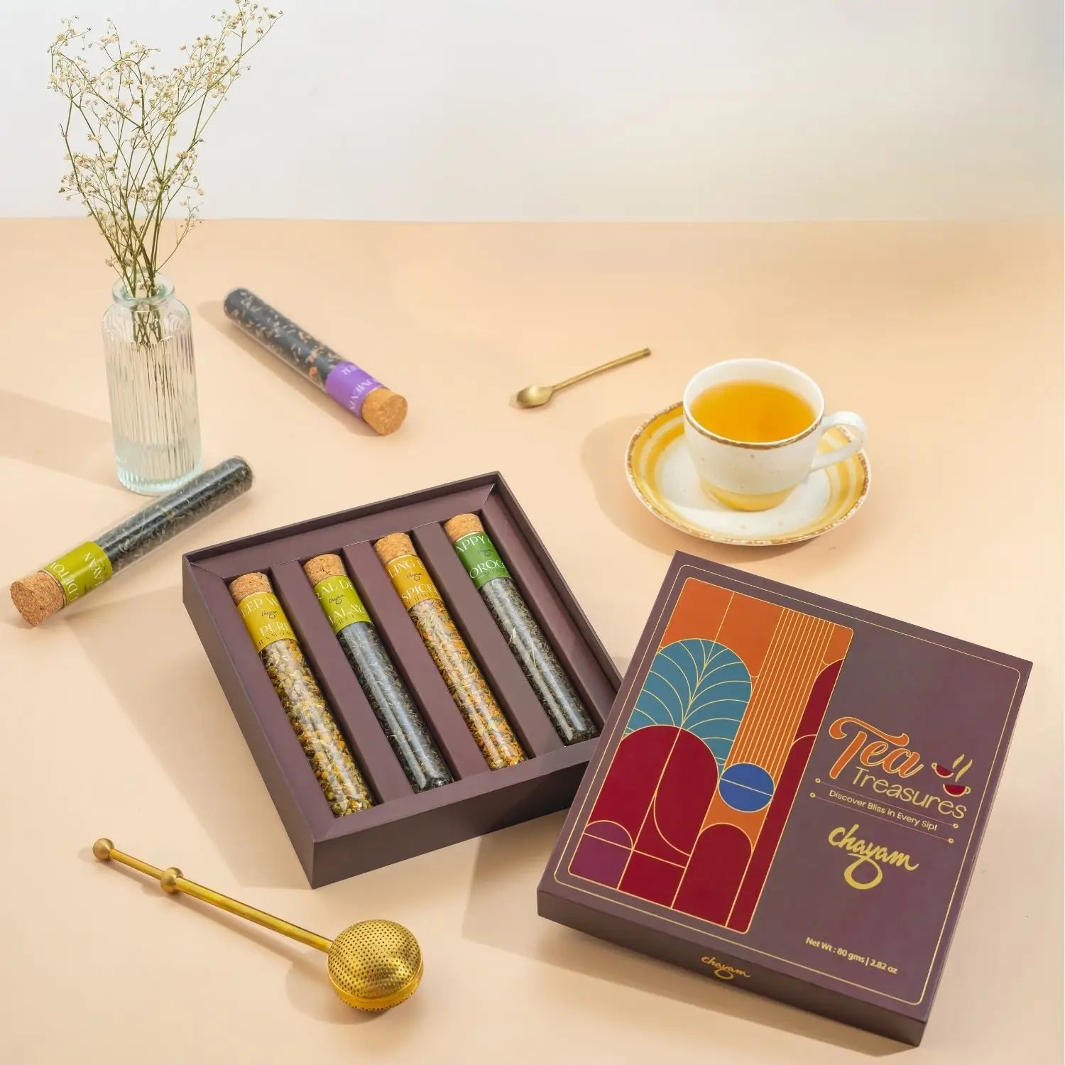Assorted Tea Gift Set | 4 Tea Flavours in Glass Tubes | Chayam Tea